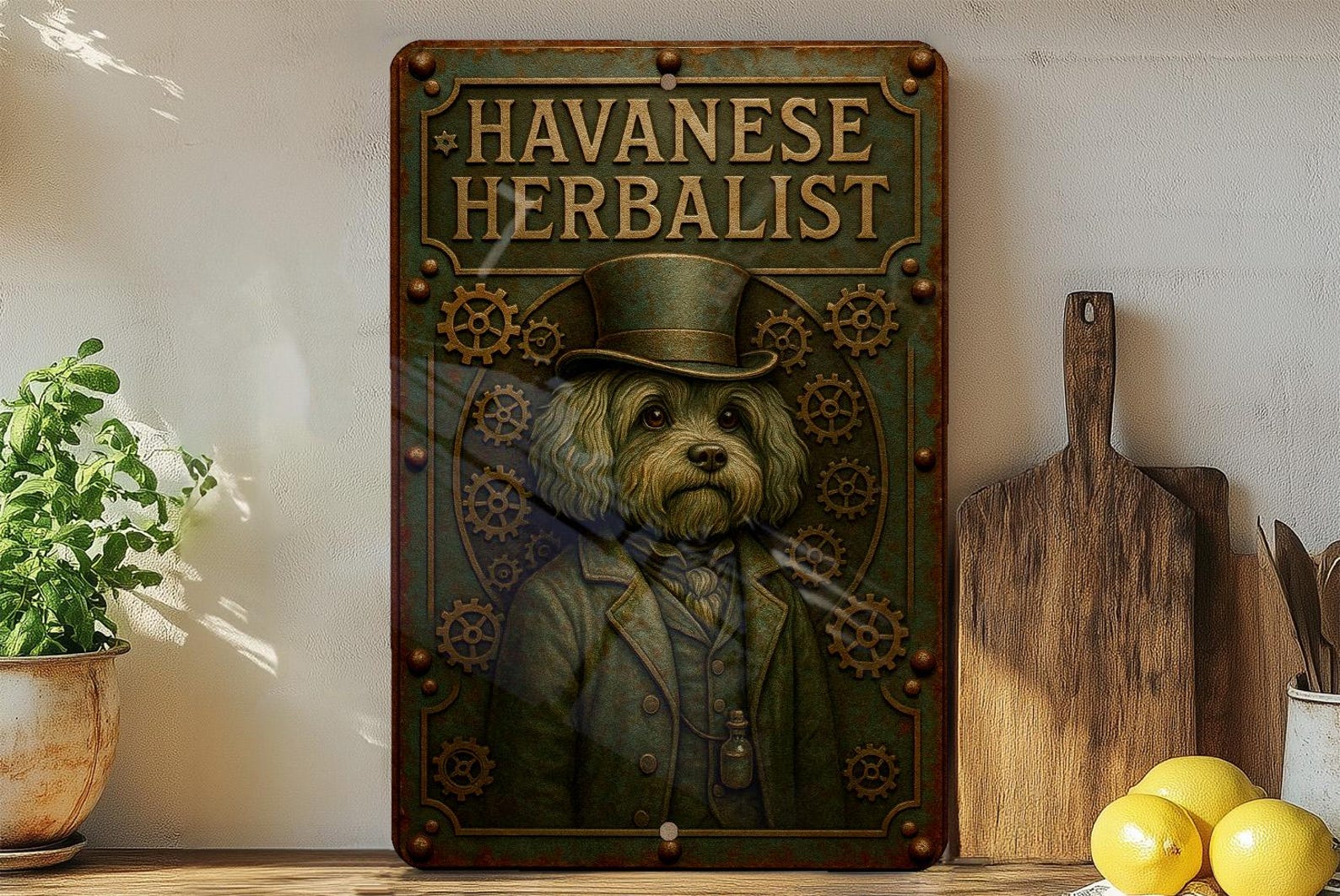 Steampunk Havanese Herbalist Metal Sign – Aged Copper Verdigris Tin Art ...