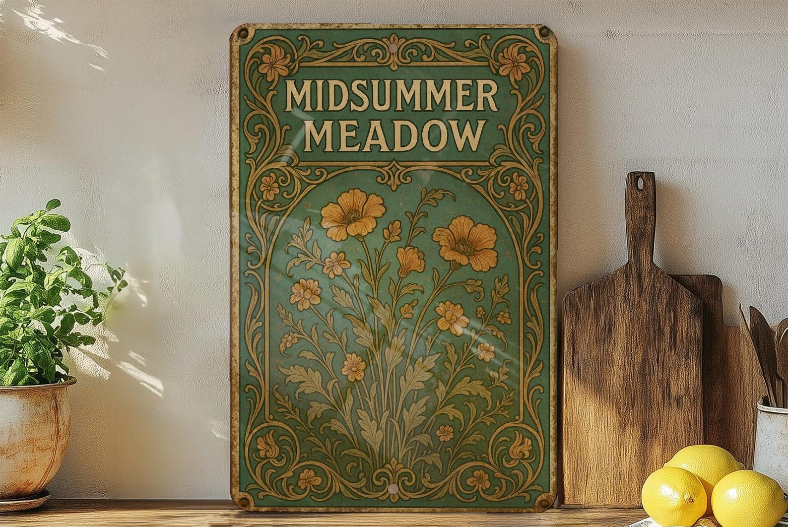 Art Nouveau Midsummer Meadow Metal Sign – Vintage Floral Tin Wall Decor ...