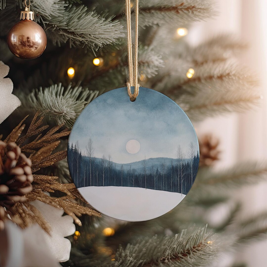 Serene Snowfield Moonlight Watercolor Painting, Ceramic Ornament, Full ...
