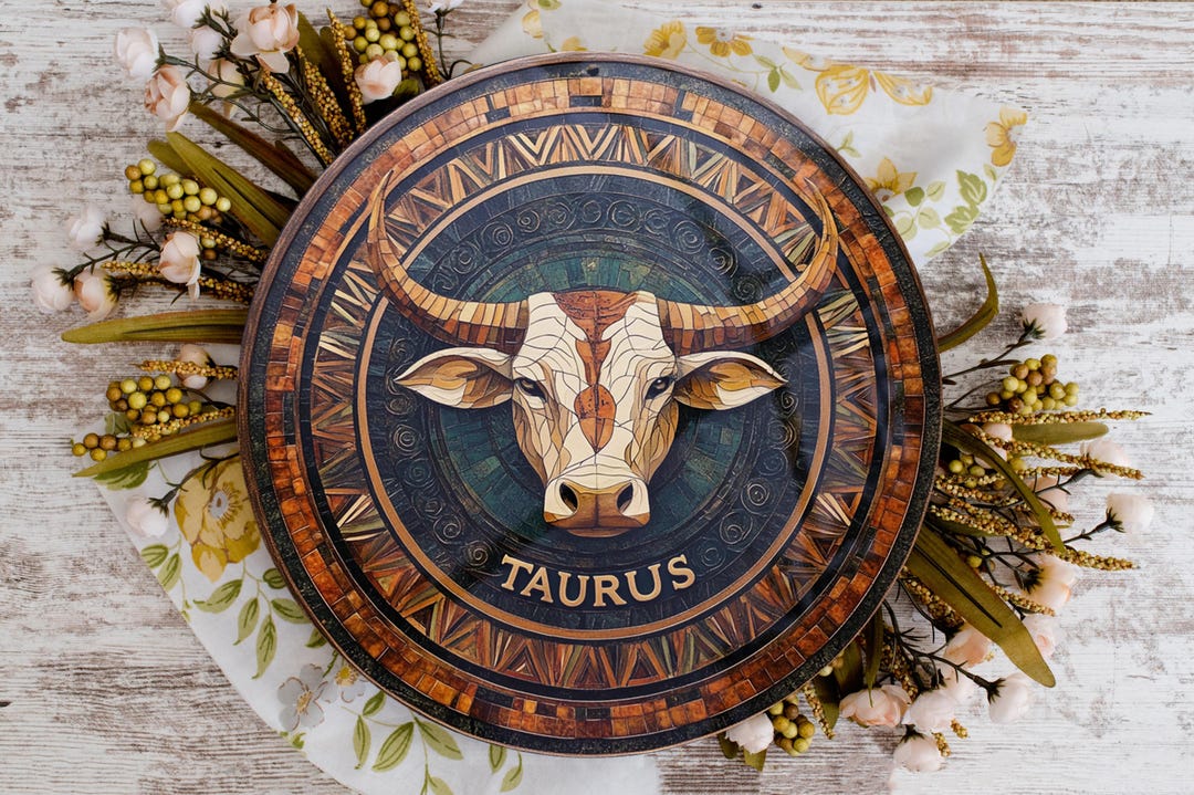 Guardians of Earth Taurus Round Metal Sign, Mosaic Bull Wall Decor ...