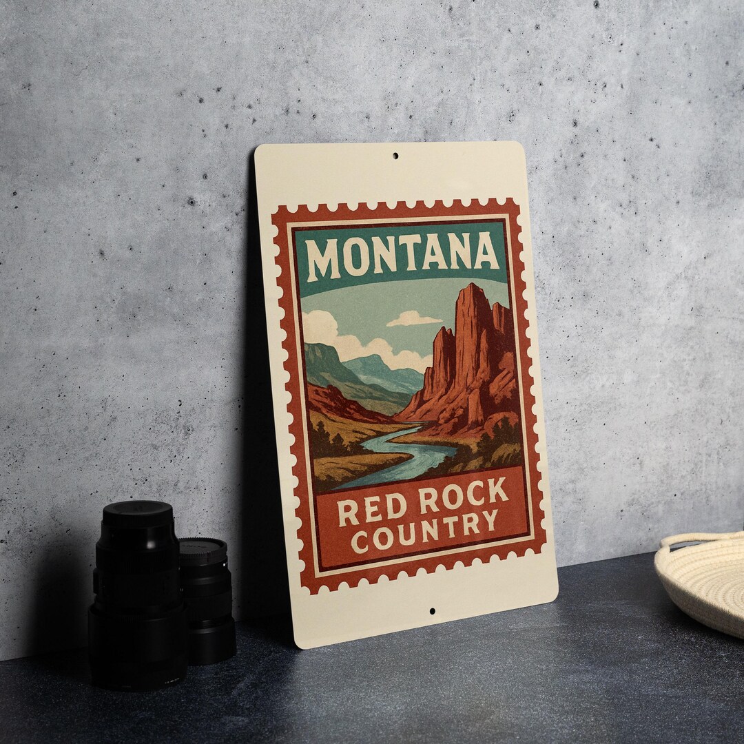 Montana Red Rock Country Metal Sign – Vintage Stamp Style Wall Art for ...