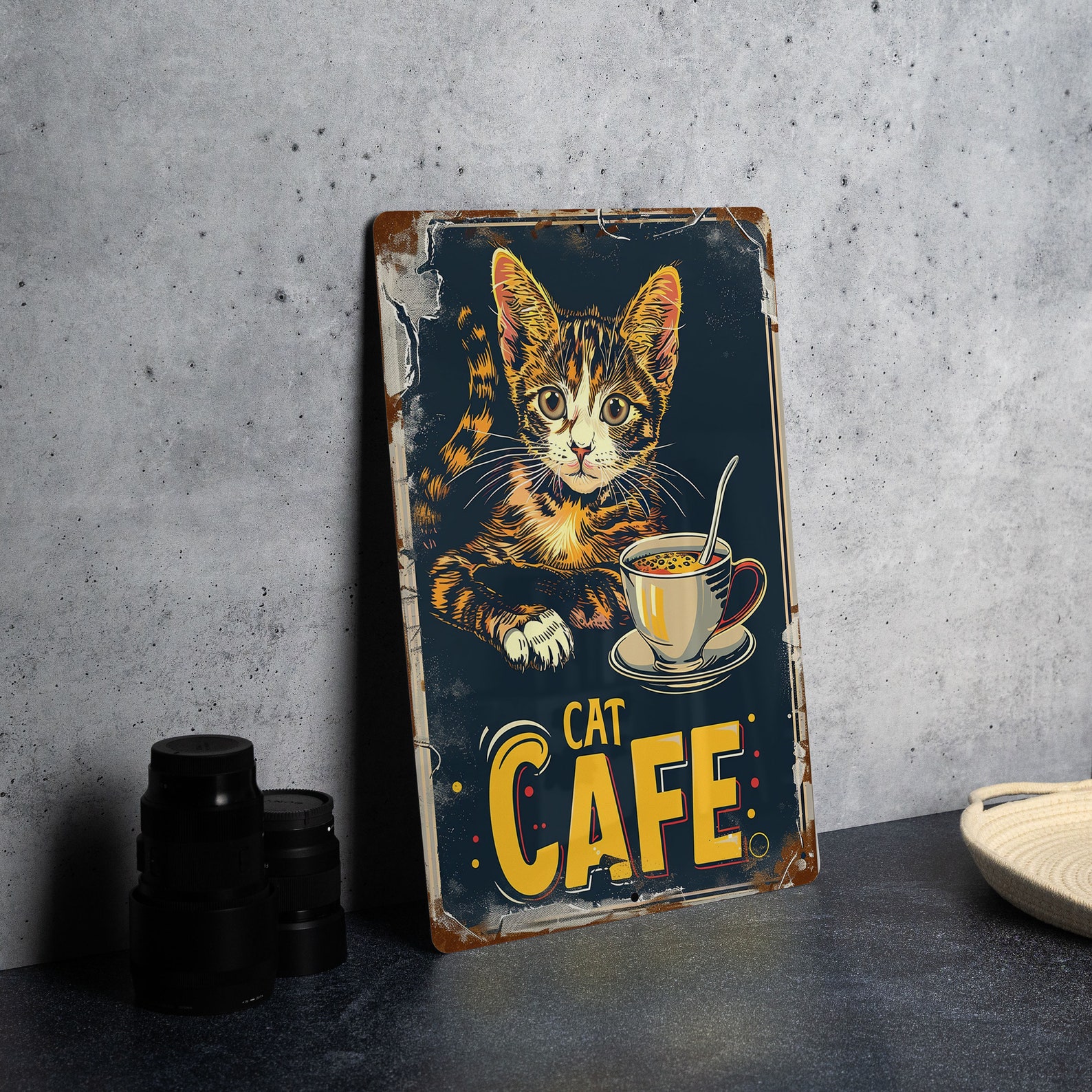 Cat Cafe Metal Sign, Vibrant Colors, Comic Frame, Bold Font, Coffee ...