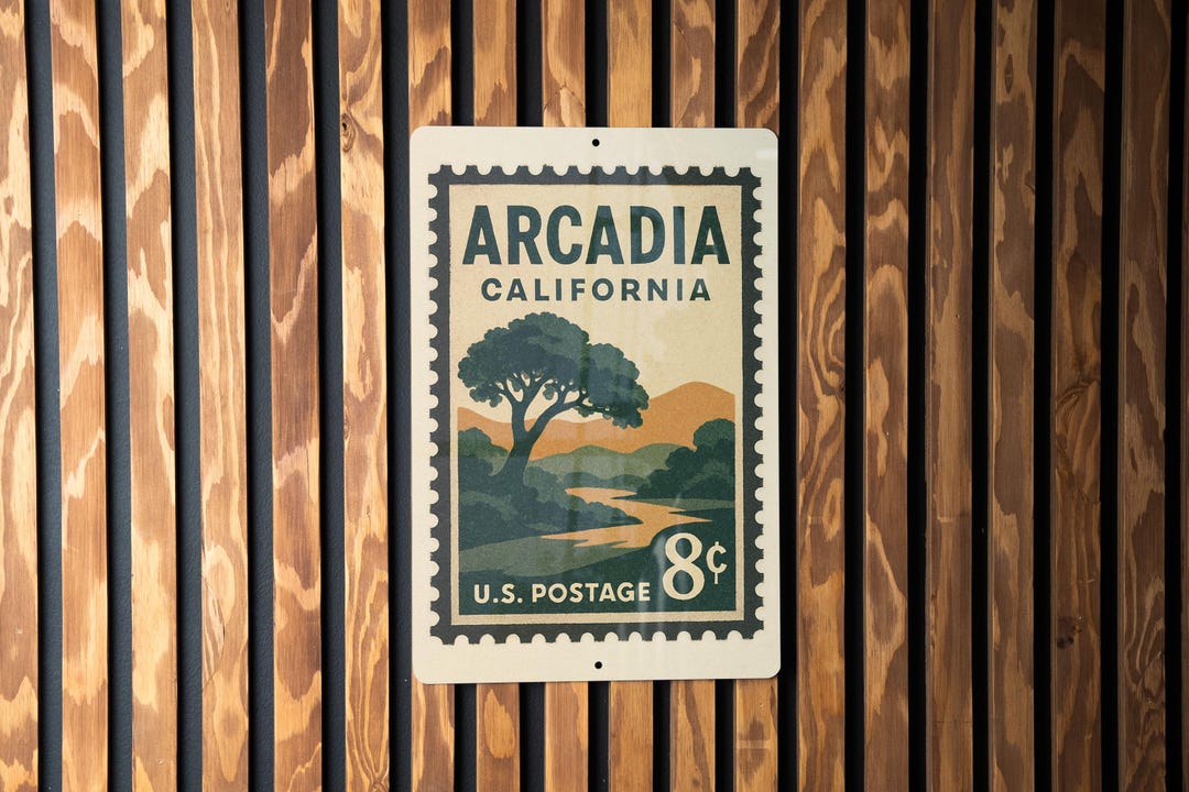 Arcadia California Metal Sign – Retro Postage Stamp Design Featuring ...