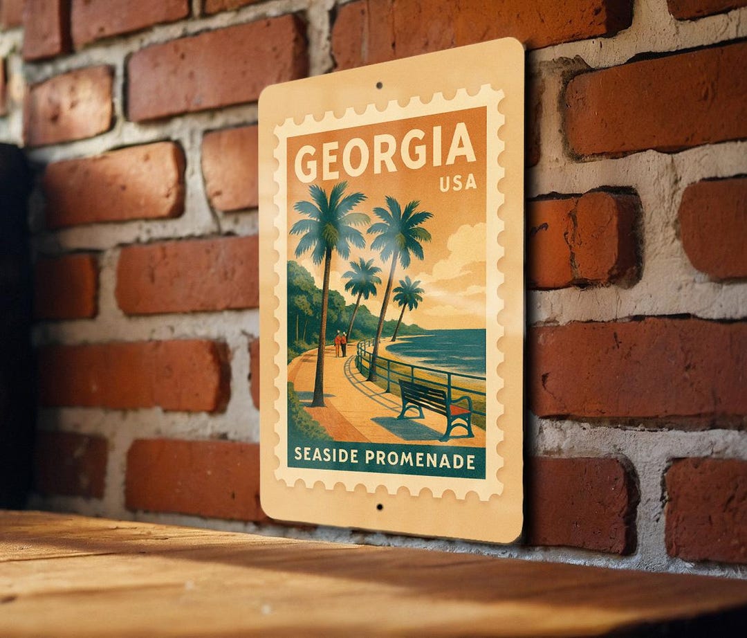 Georgia Seaside Promenade Metal Sign – Vintage Stamp Style Coastal Wall ...