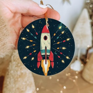 Retro Rocket Ship Ceramic Ornament, Holiday Lights Decor, Circular ...