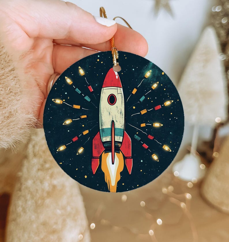 Retro Rocket Ship Ceramic Ornament, Holiday Lights Decor, Circular ...