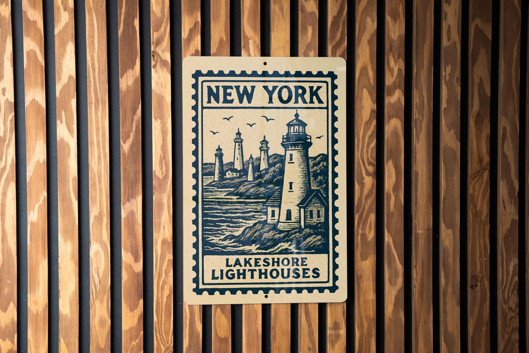 New York Lakeshore Lighthouses Metal Sign – Vintage Stamp Style Wall ...