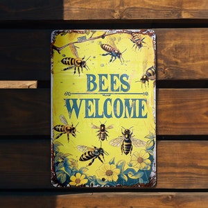 Vintage Style Metal Sign, Bees Welcome, Garden Decor, Rustic Home ...
