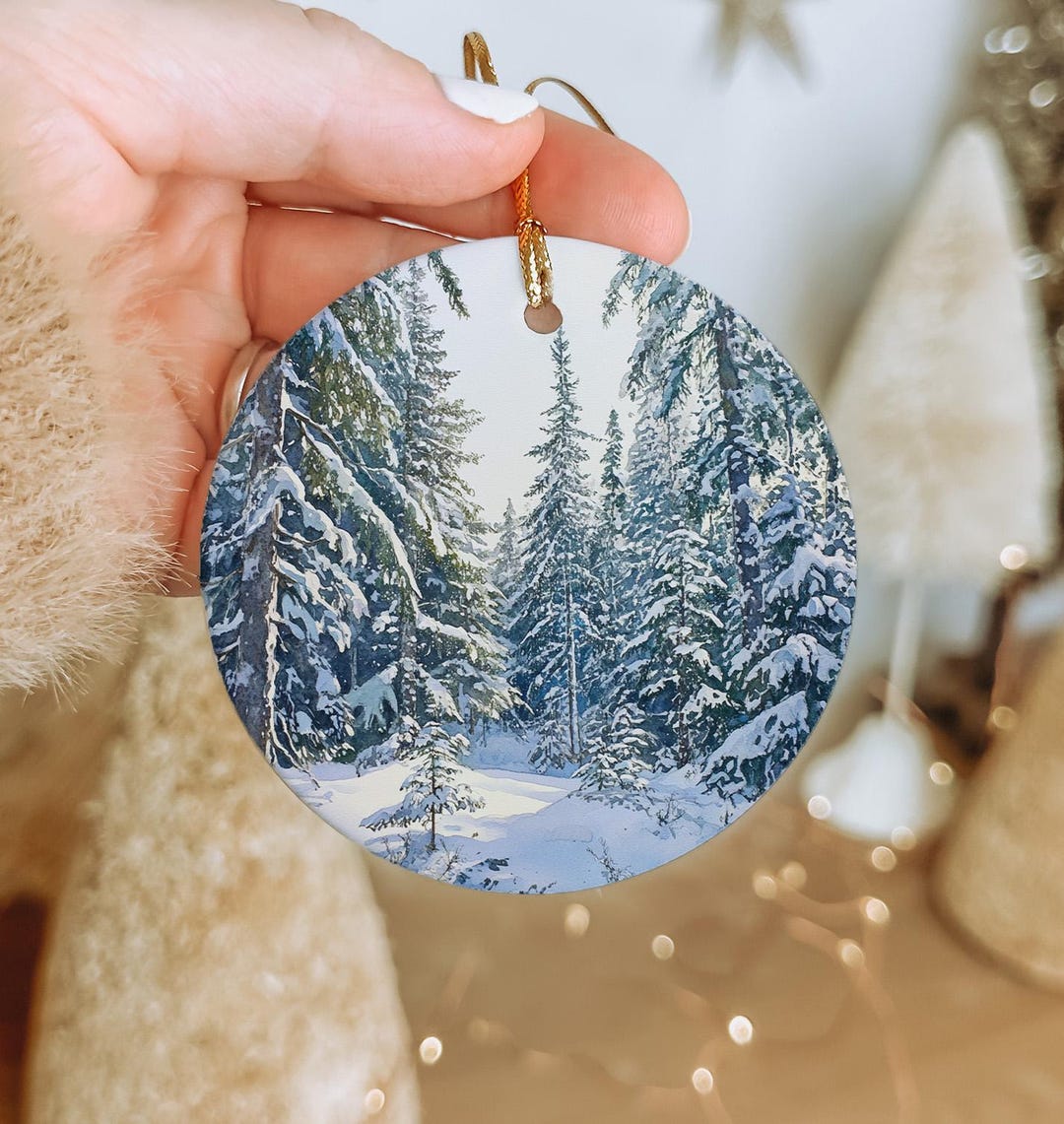 Snow-covered Trees Ceramic Ornament, Watercolor Painting, Circular ...