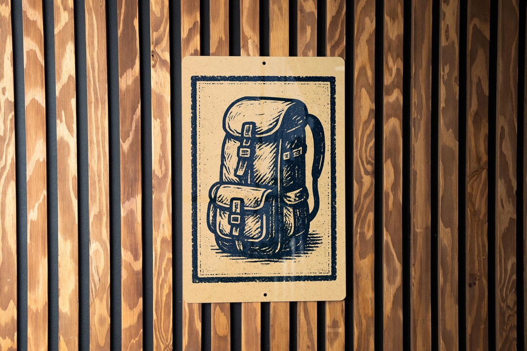Hiking Backpack Metal Sign – Rustic Stamp Style Wall Art for Campers ...