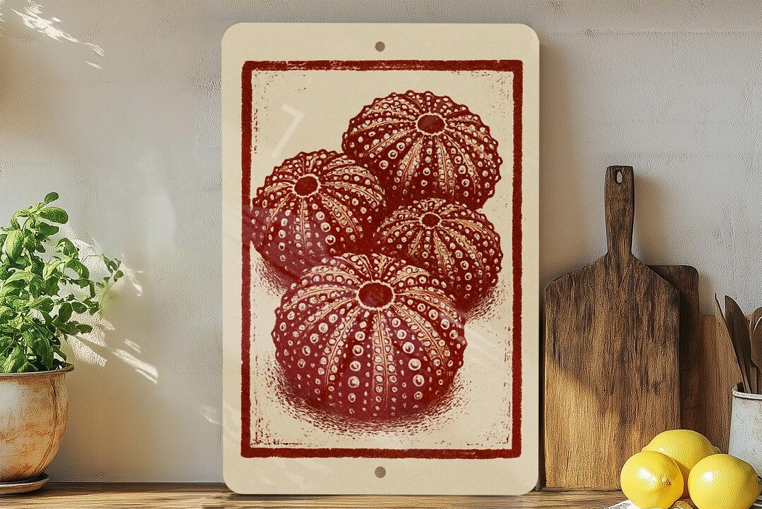 Sea Urchin Shell Cluster Metal Sign – Coastal Nautical Stamp Style Wall ...