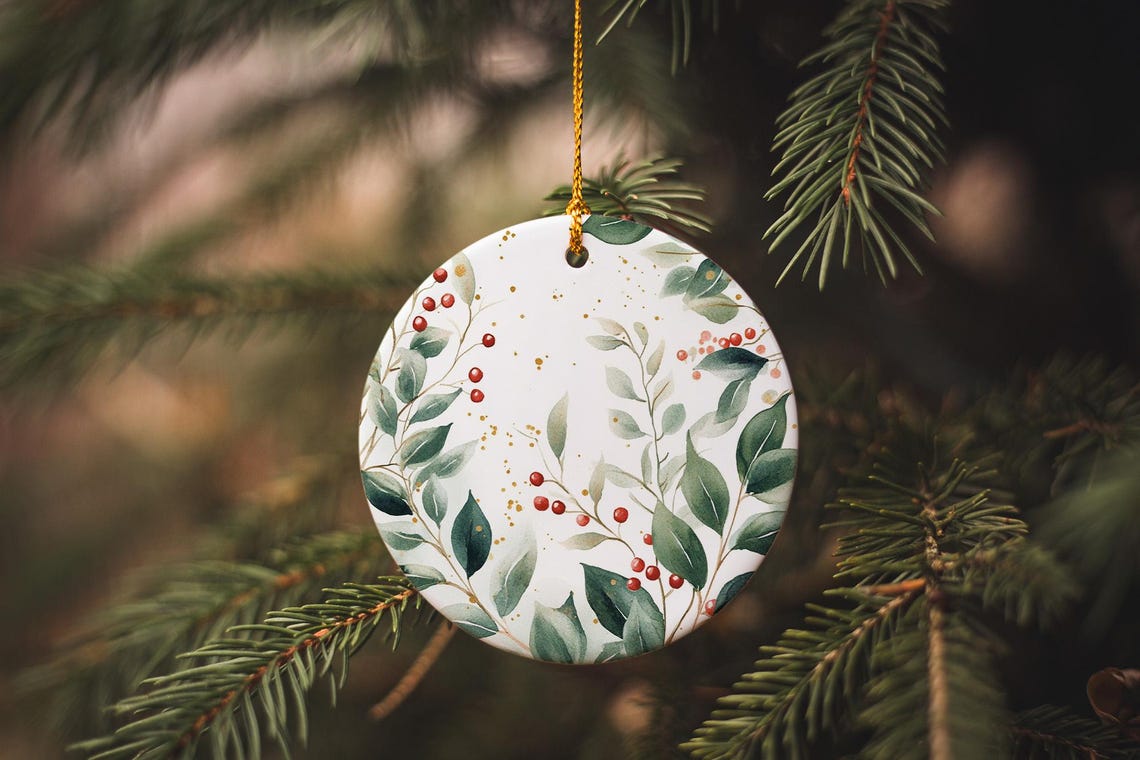 Watercolor Mistletoe Ceramic Ornament, Holiday Decor, Christmas Gift ...