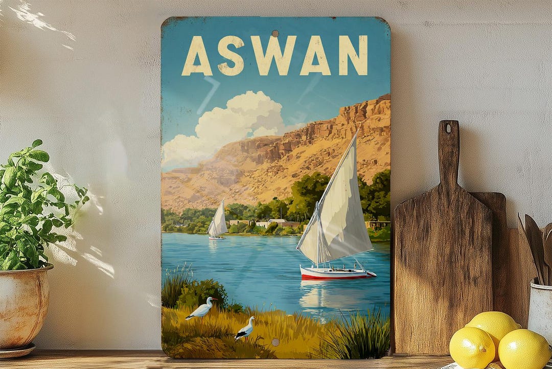 Retro Aswan Travel Poster Tin Sign – Vintage Egypt Wall Art, Metal ...