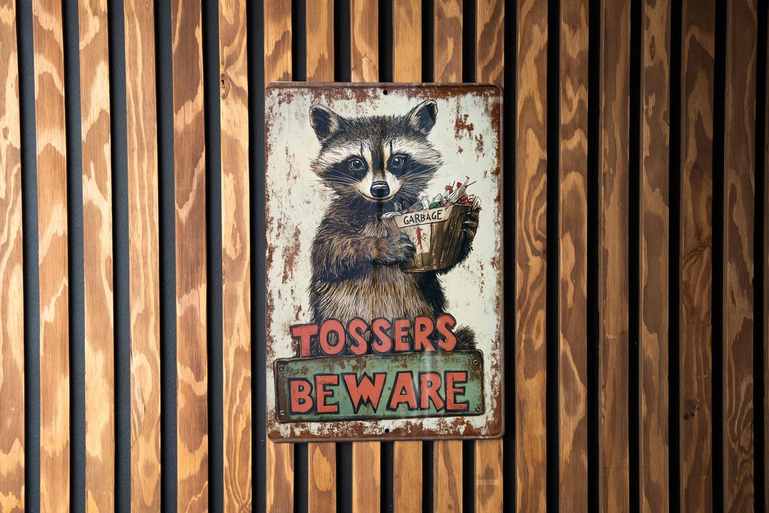 Vintage Style Tin Sign, Raccoon Trash Inspector, Garbage Tossers Beware ...