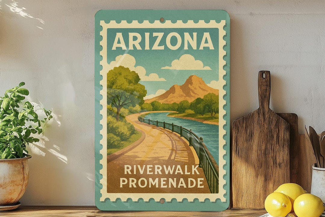 Arizona Riverwalk Promenade Metal Sign – Vintage Stamp Style Wall Art ...