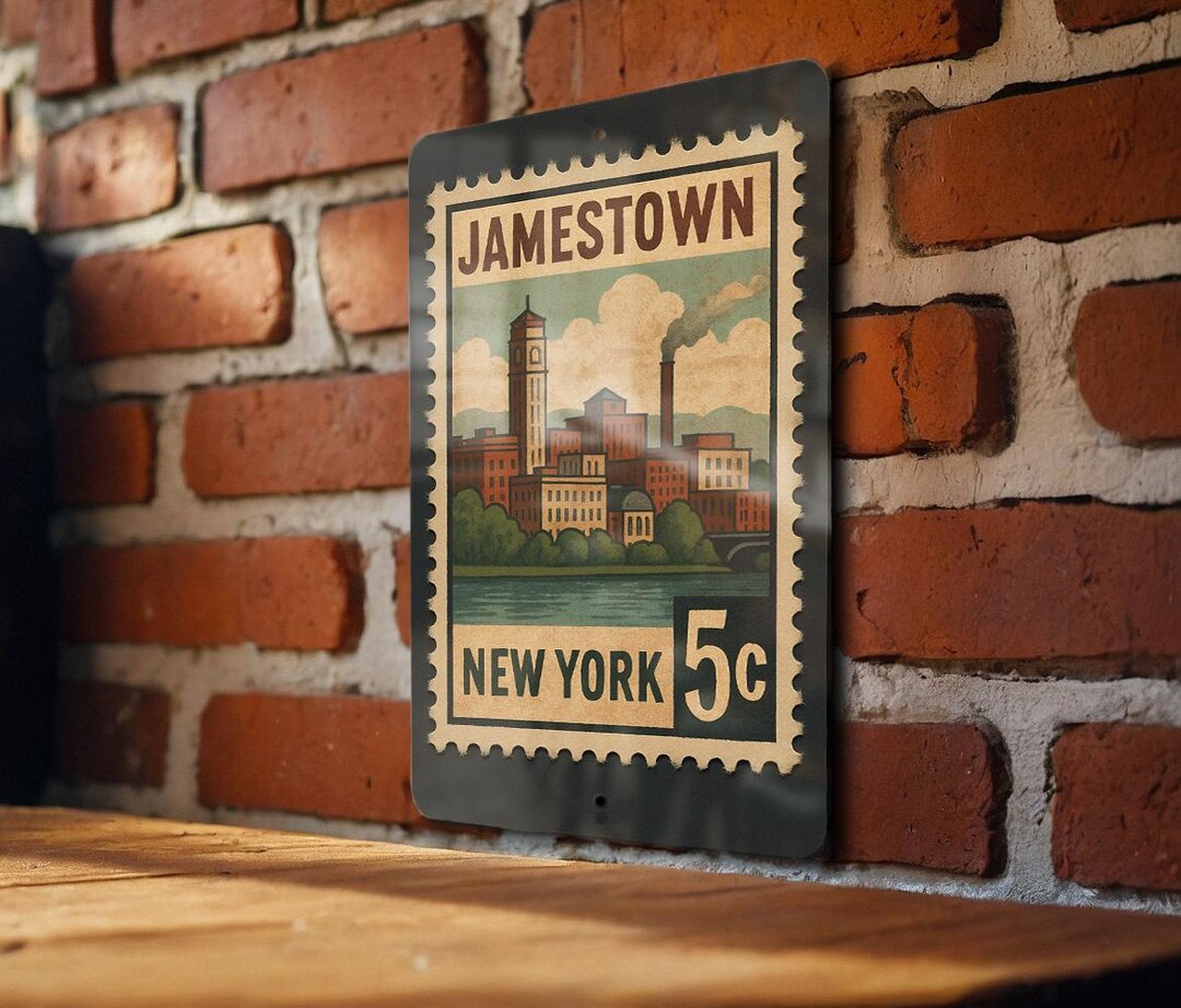 Jamestown New York Metal Sign – Retro Postage Stamp Design Featuring ...