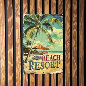 Beach Resort Vintage Metal Sign - Palm Tree Illustration, Tropical ...