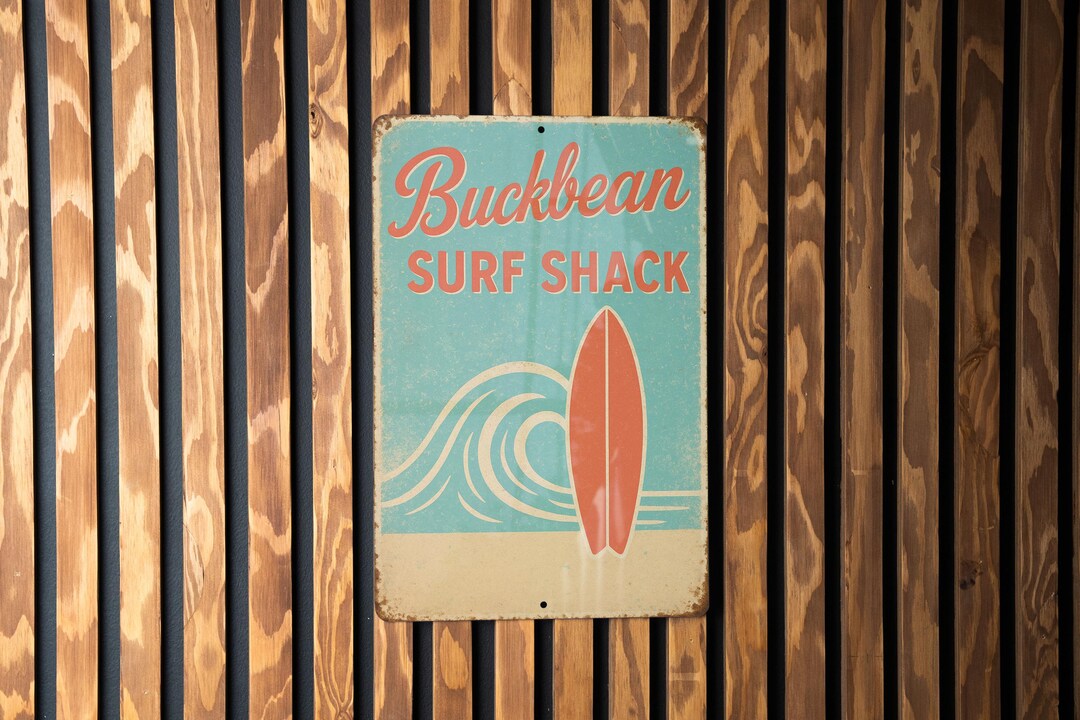 Retro Surf Shack Tin Sign – Buckbean Beach Decor, Distressed Aqua ...