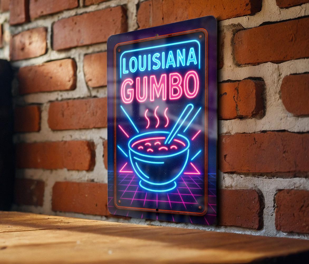 1980s Neon Louisiana Gumbo Metal Sign – Retro Cosmic Grid, Electric ...