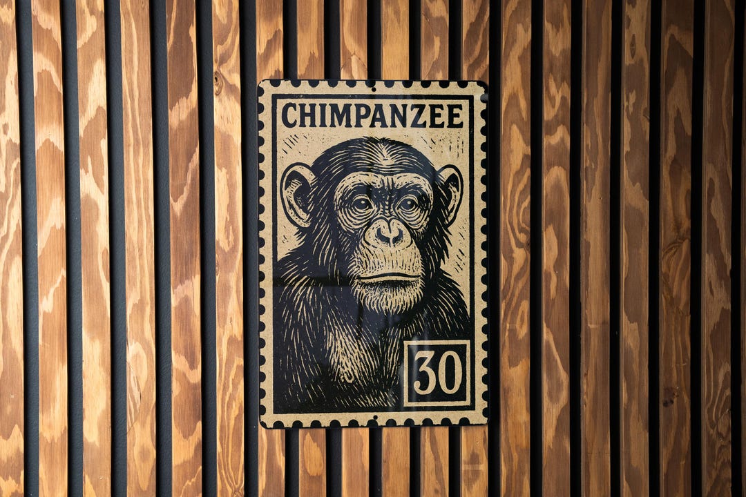 Chimpanzee Stamp Style Metal Sign – Vintage Wall Art for Home, Bar, Man ...