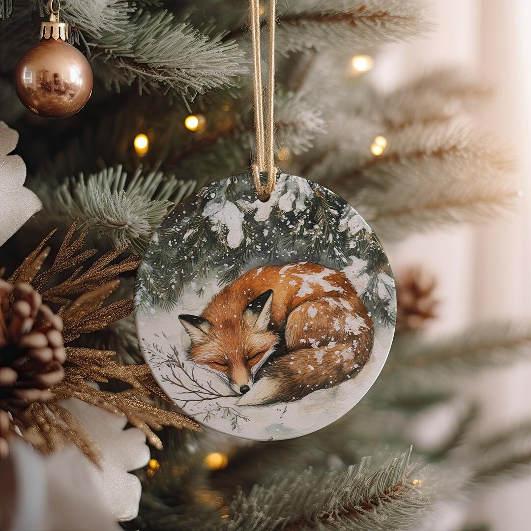 Fox in Snow Watercolor Ornament, Circular Ceramic Decor, Evergreen ...
