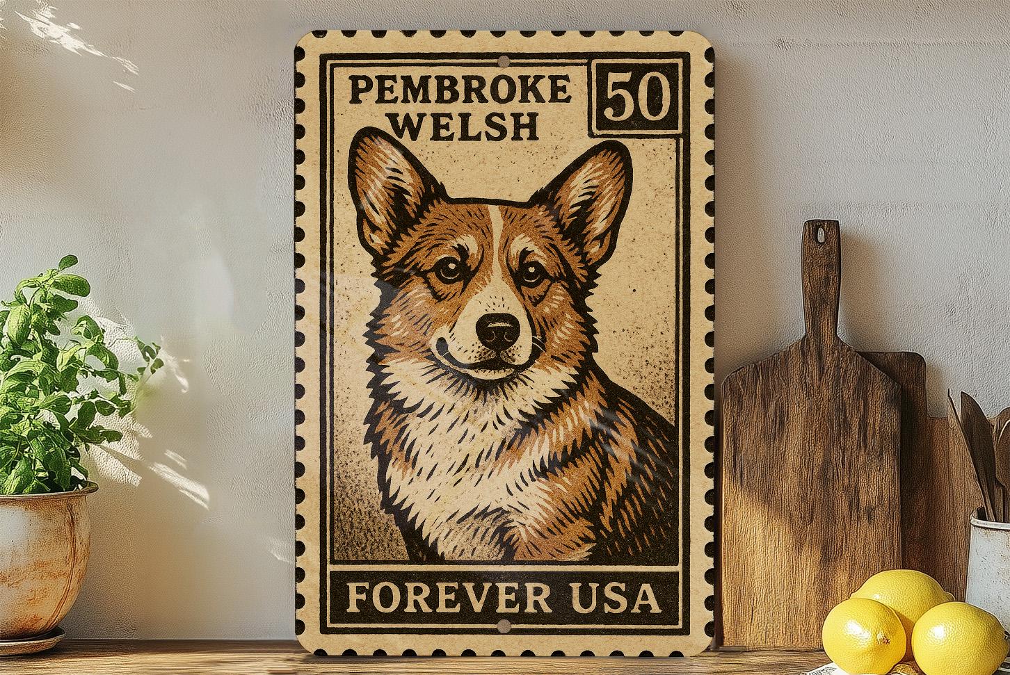 Pembroke Welsh Corgi Metal Sign – Vintage Stamp Style Dog Wall Art ...