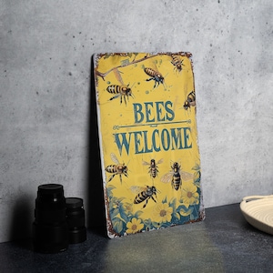 Vintage Style Metal Sign, Bees Welcome, Garden Decor, Rustic Home ...