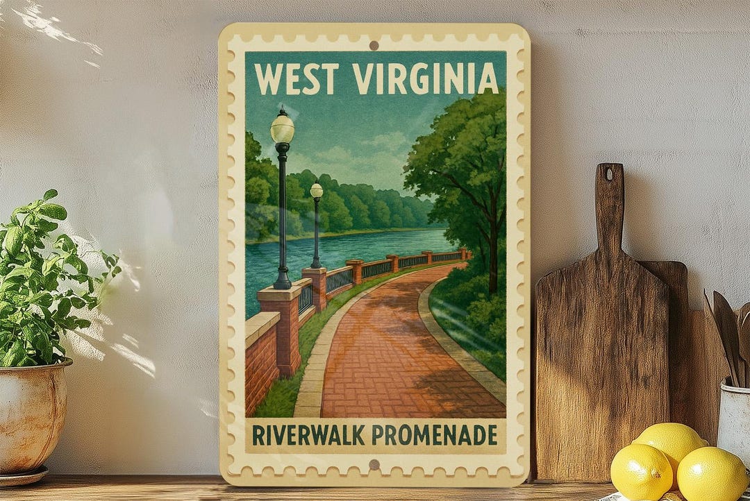 West Virginia Riverwalk Promenade Metal Sign – Vintage Stamp Style Wall ...