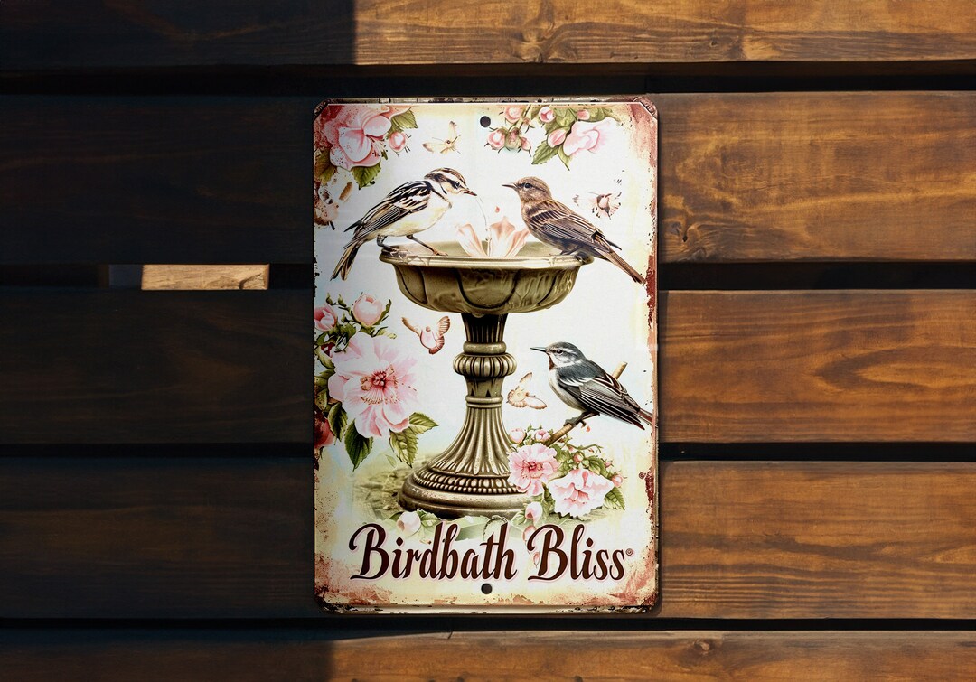 Birdbath Bliss Vintage Metal Sign, Elegant Script Font, Playful Birds ...