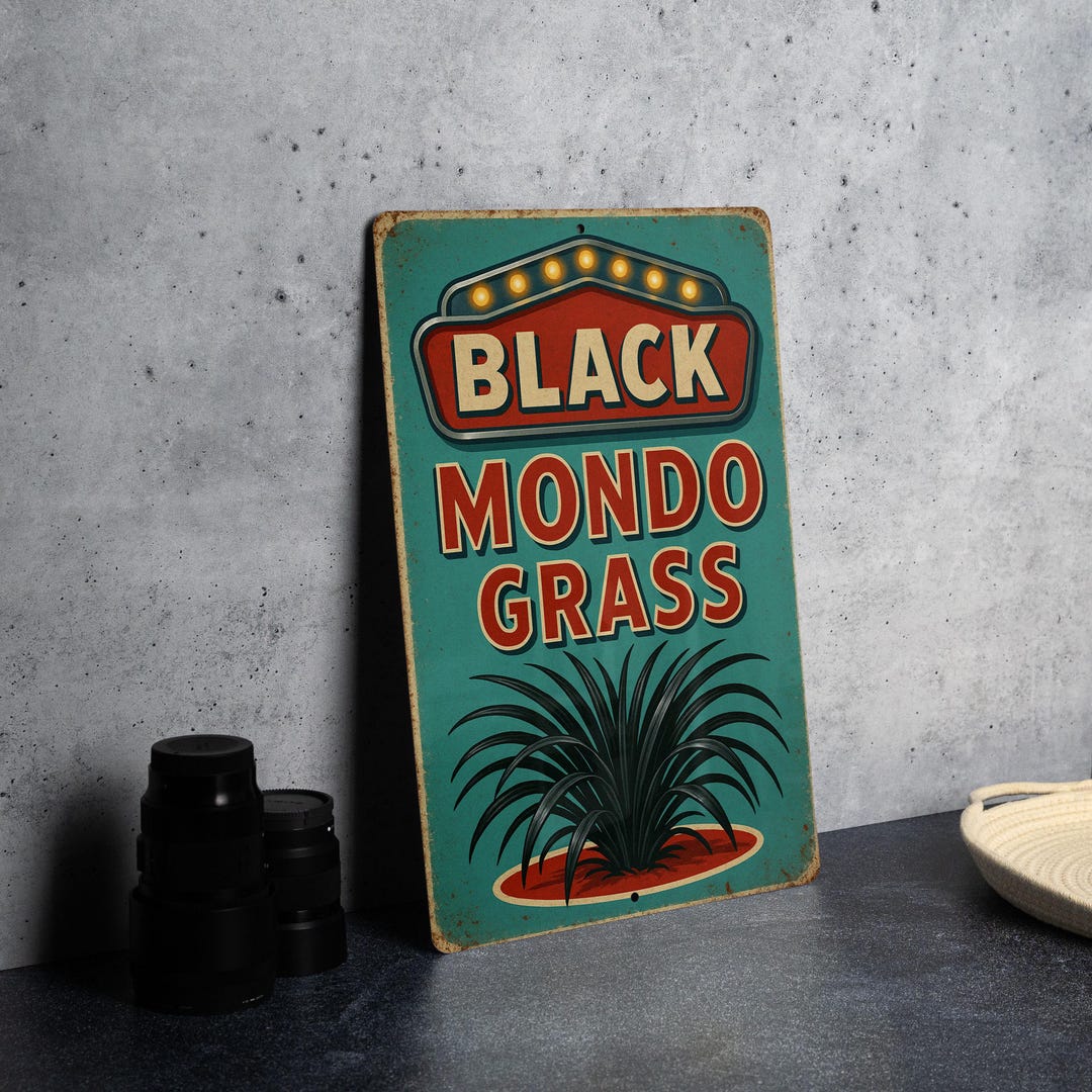 Retro Diner Tin Sign Black Mondo Grass | Turquoise Cherry Red Metal ...