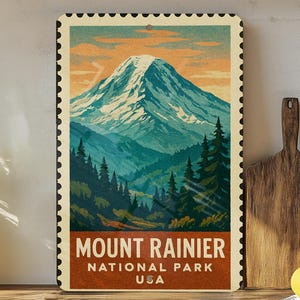 Mount Rainier National Park Metal Sign – Vintage Stamp Style Wall Art ...