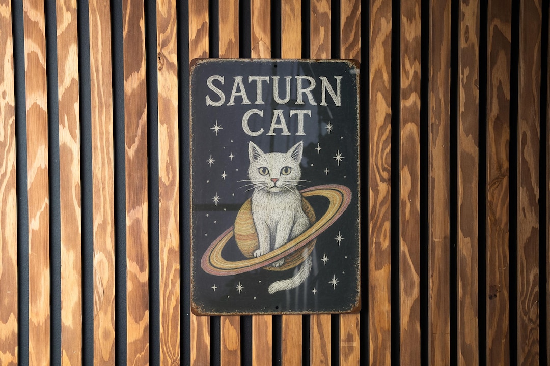 Retro Saturn Cat Chalkboard Metal Sign – Hand-drawn Chalk Art, Vintage ...