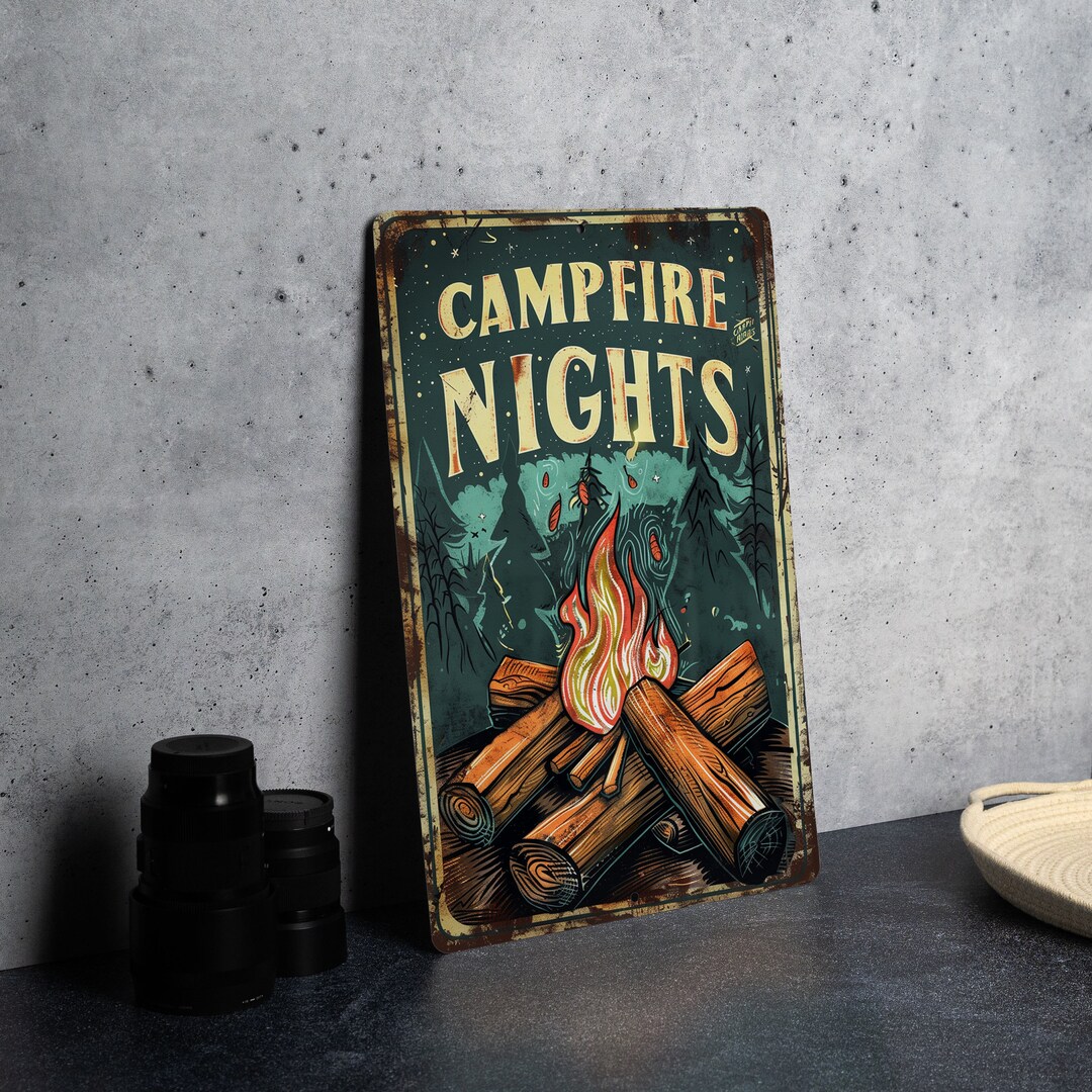 Campfire Nights Vintage Metal Sign, Campfire Illustration, Earthy ...