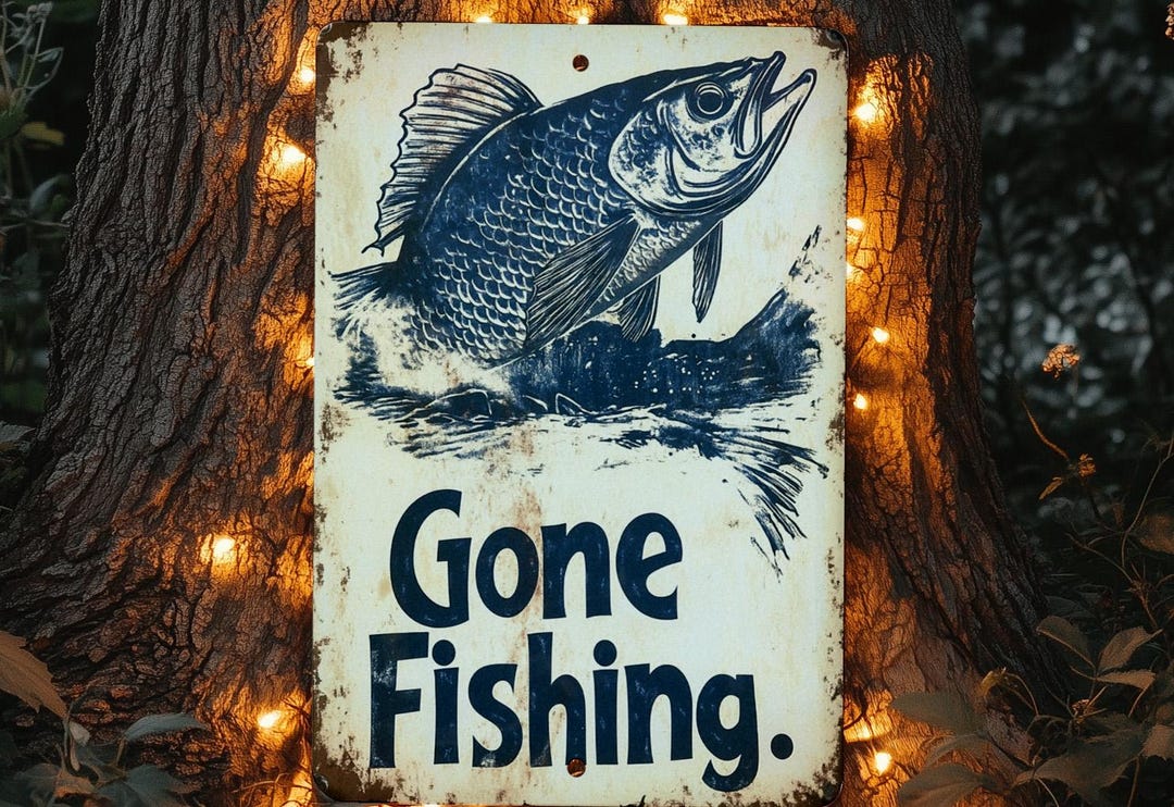 Vintage Style Tin Sign, Rustic Fish Silhouette, Gone Fishing Decor ...