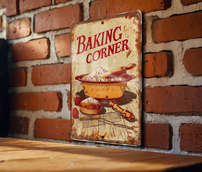 Baking Corner Metal Sign, Vintage Style, Rolling Pin Design, Soft Hues ...