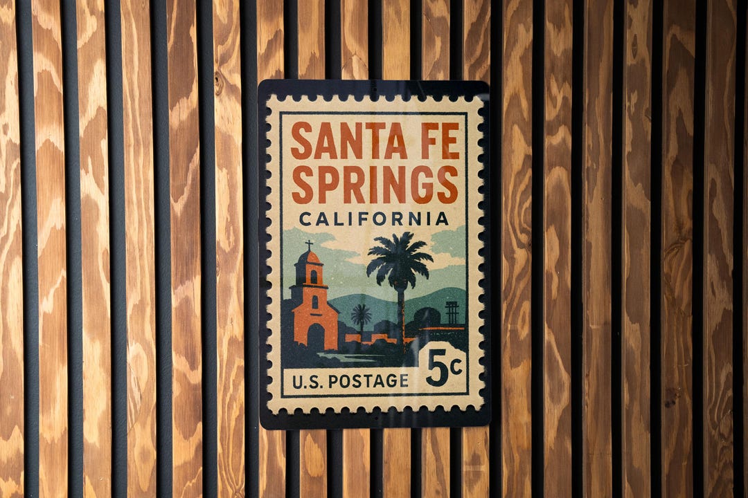 Santa Fe Springs California Metal Sign – Retro Postage Stamp Design ...