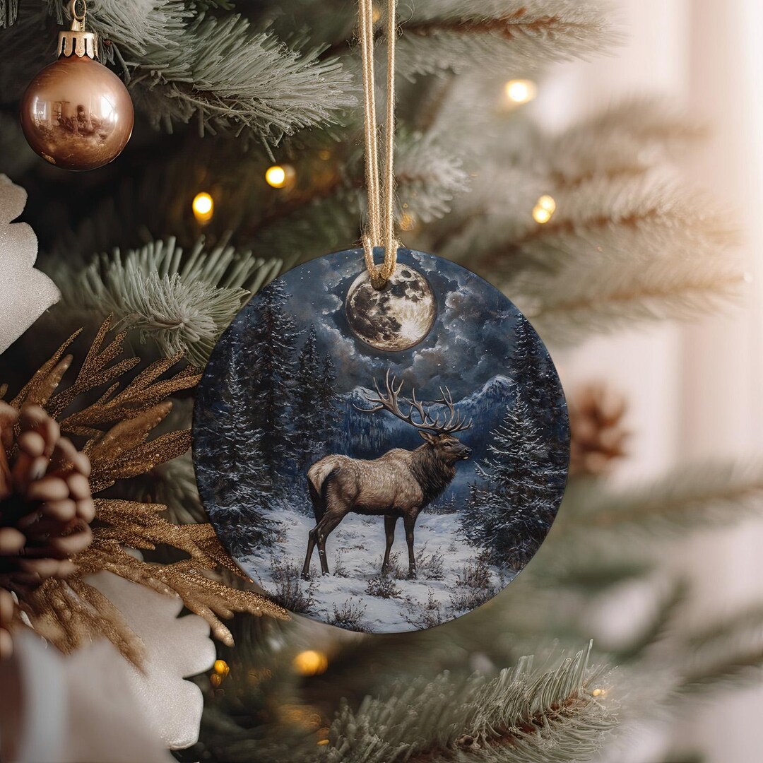 Majestic Elk Ceramic Ornament, Snowy Meadow Decor, Full Moon Art ...