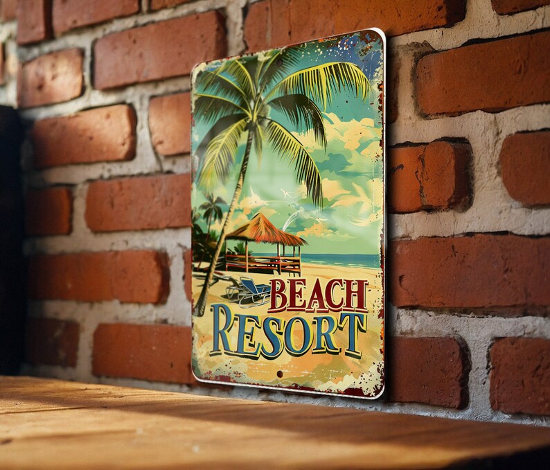 Beach Resort Vintage Metal Sign - Palm Tree Illustration, Tropical ...