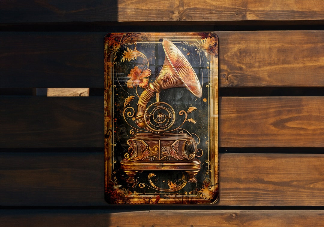 Vintage Tin Sign: Antique Phonograph, Victorian Scrollwork, Tarnished ...