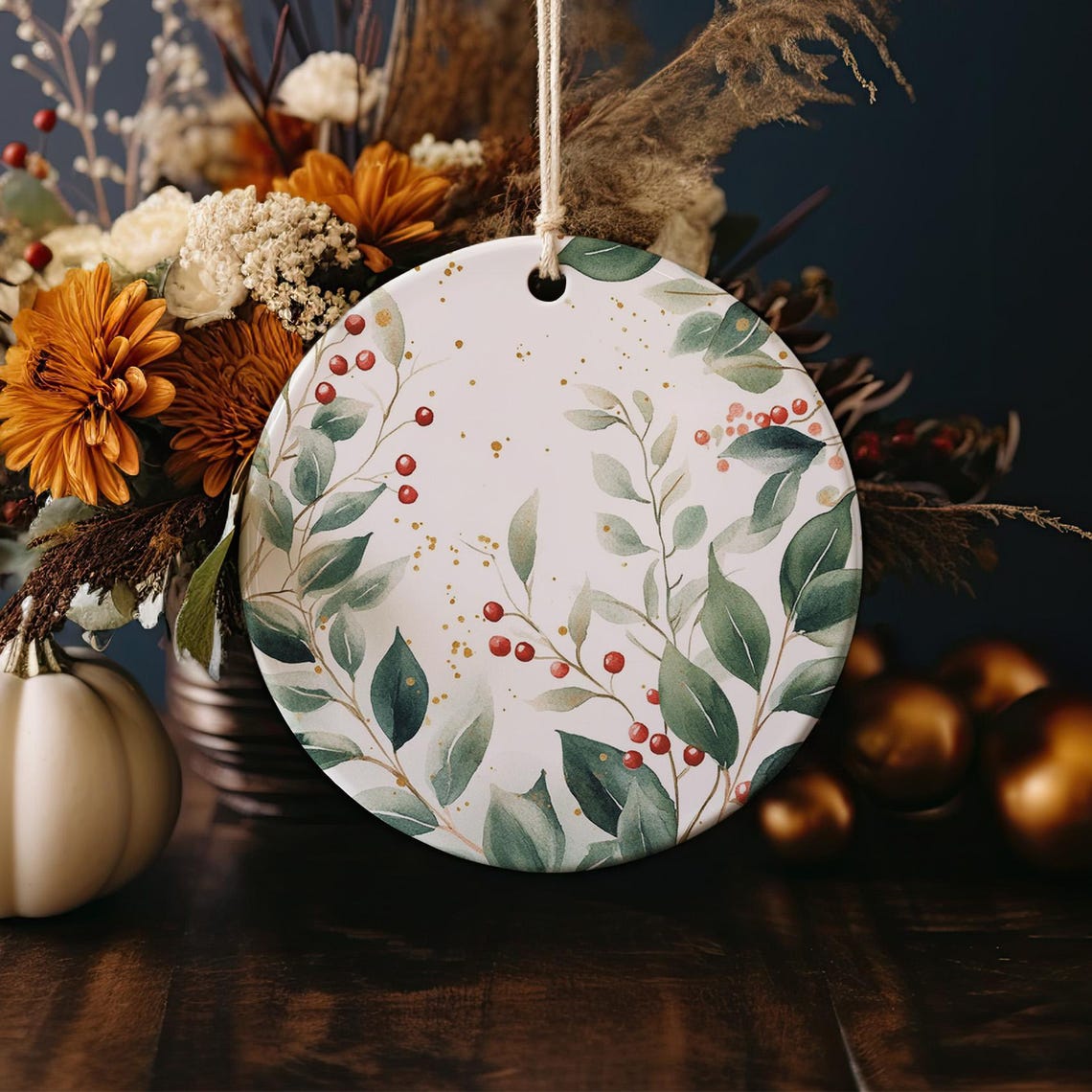 Watercolor Mistletoe Ceramic Ornament, Holiday Decor, Christmas Gift ...