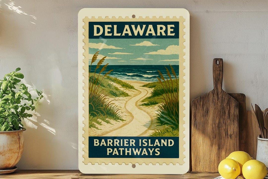 Delaware Barrier Island Pathways Metal Sign – Vintage Stamp Style Wall ...