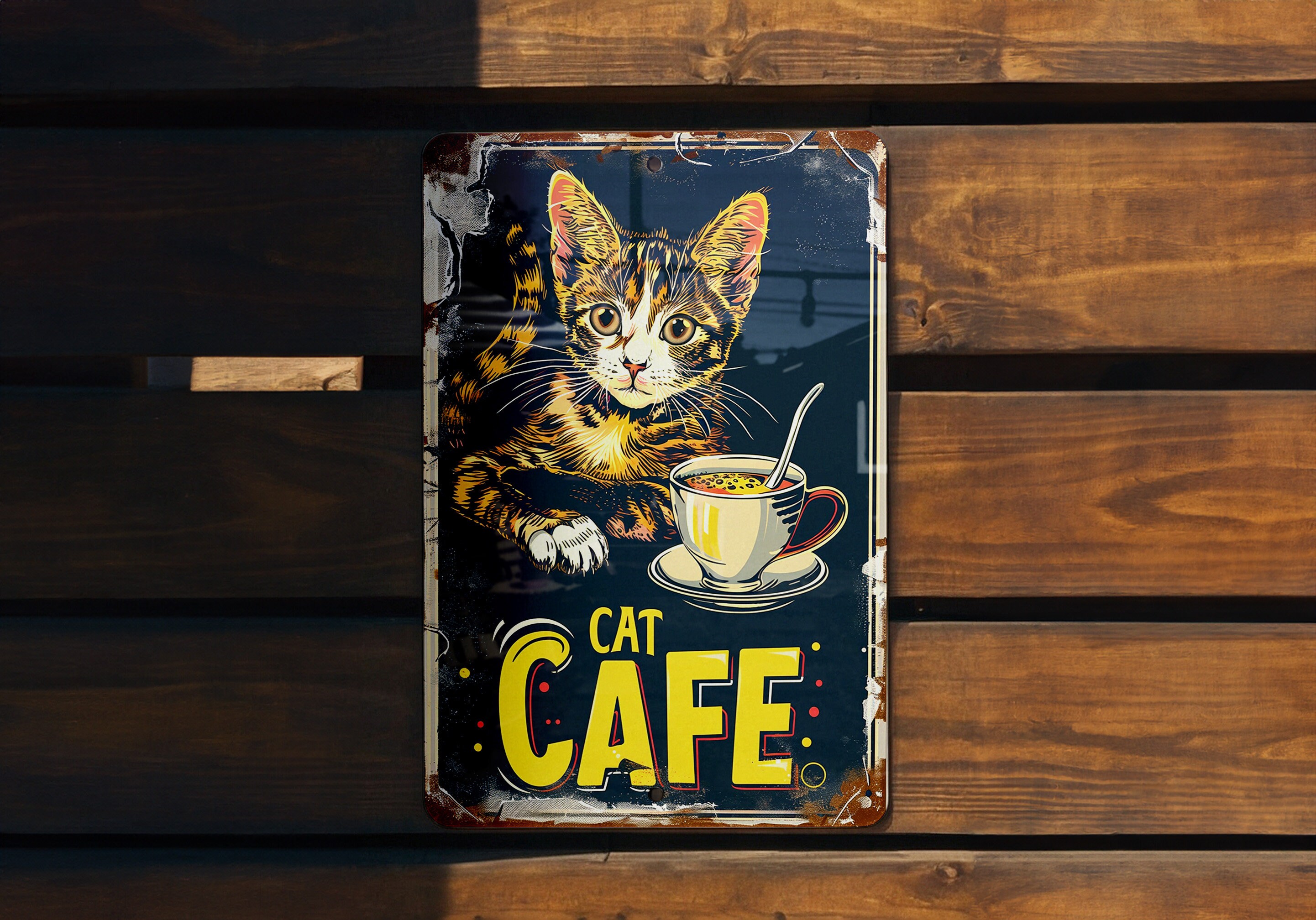 Cat Cafe Metal Sign, Vibrant Colors, Comic Frame, Bold Font, Coffee ...