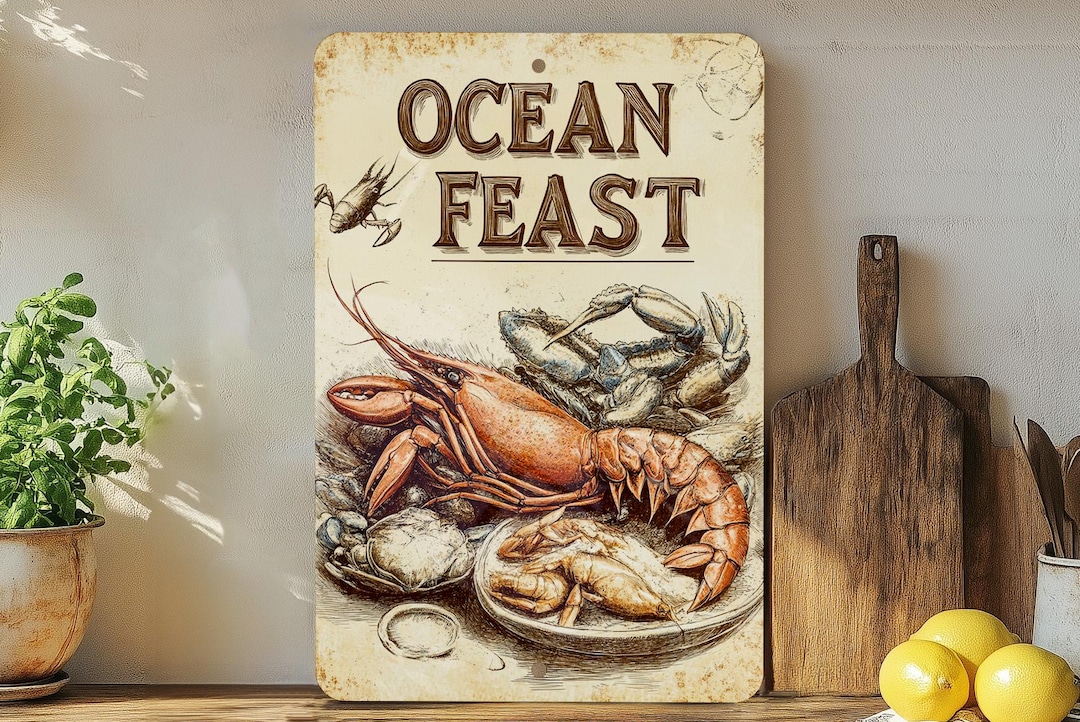 Rustic Ocean Feast Metal Sign, Coastal Wall Art, Nautical Home Decor ...