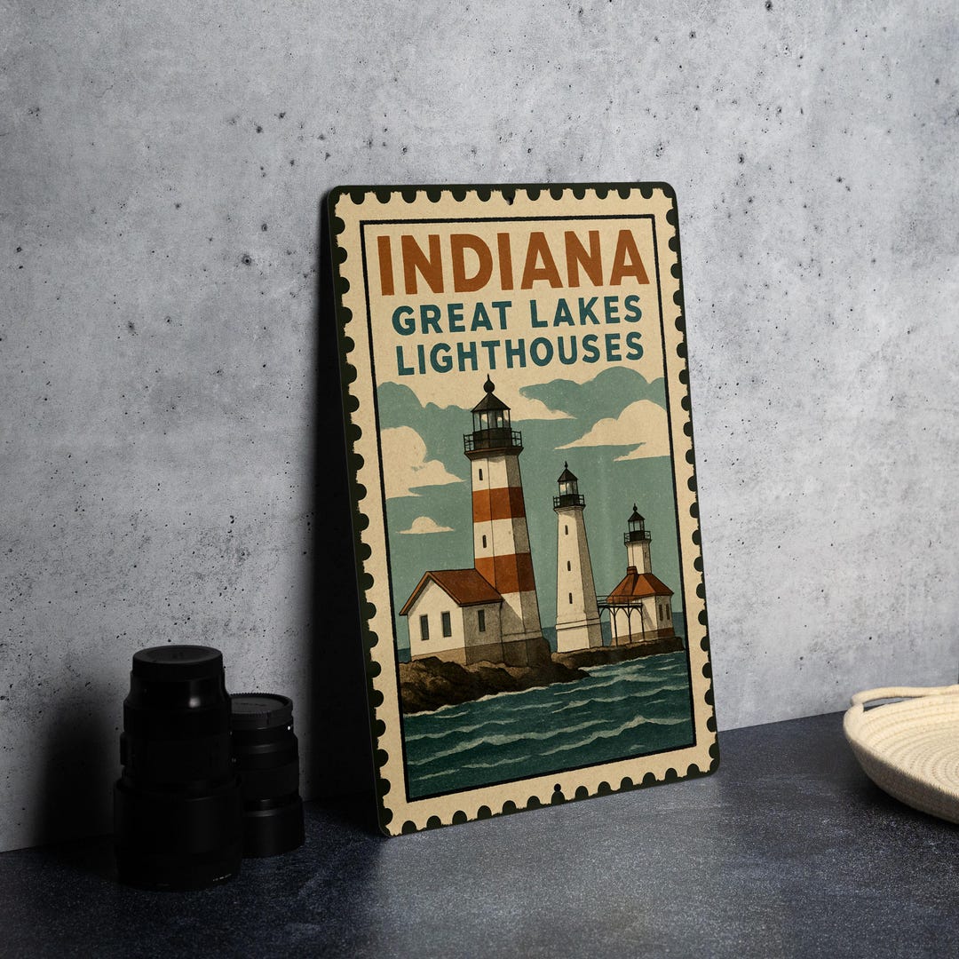 Indiana Great Lakes Lighthouses Metal Sign – Vintage Stamp Style Wall ...