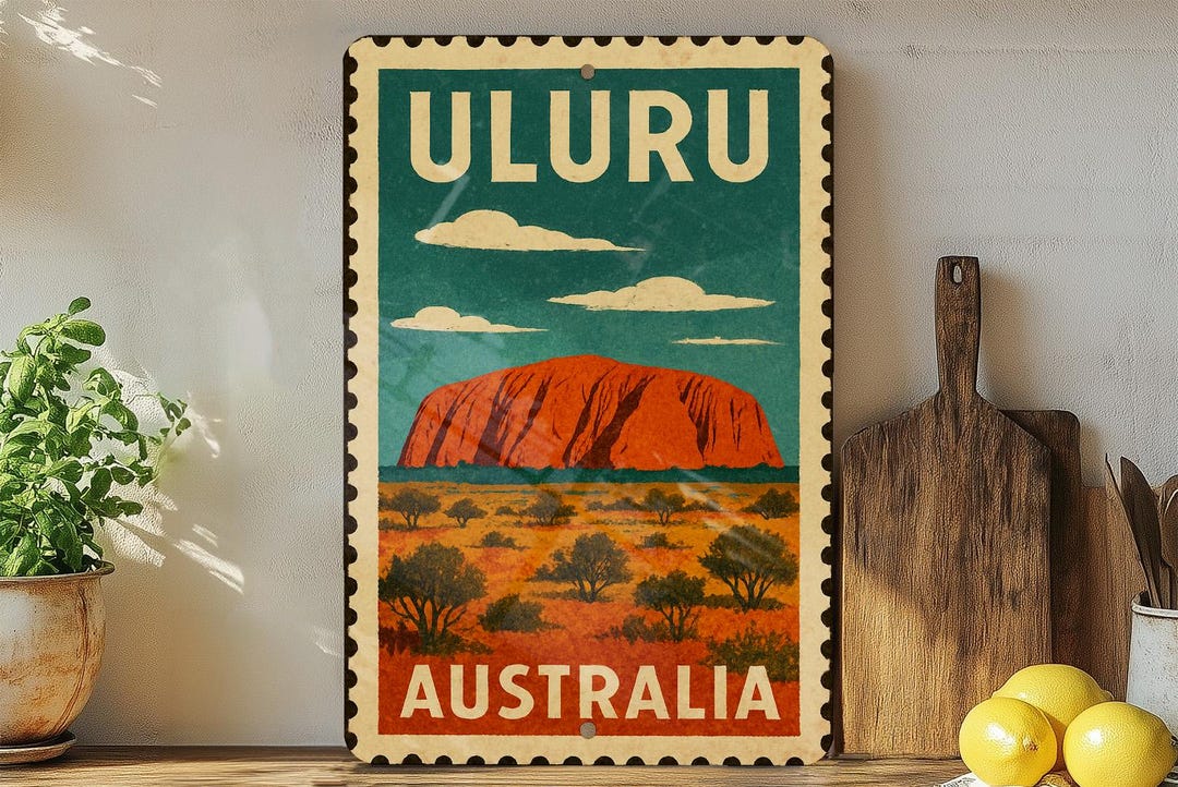 Uluru Australia Metal Sign – Outback Travel Stamp Style Wall Art for ...