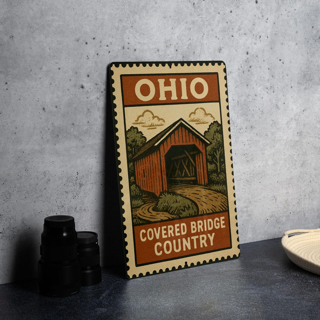 Ohio Covered Bridge Country Metal Sign – Rustic Vintage Stamp Style ...