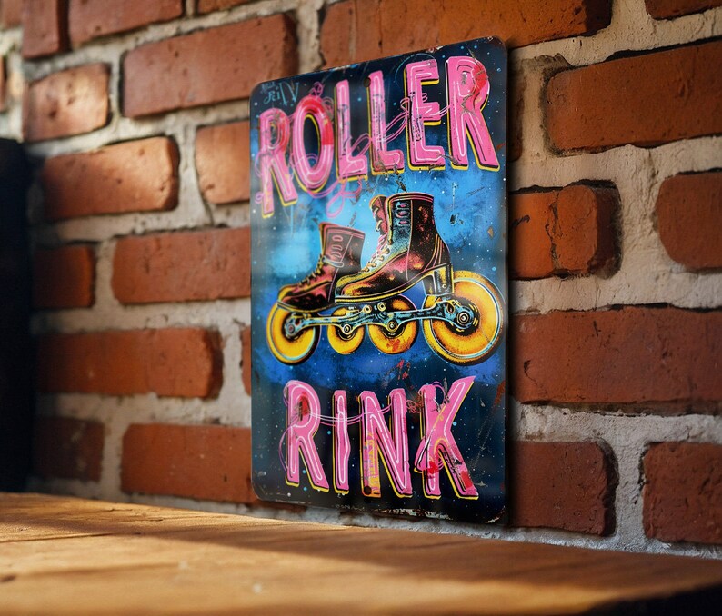 ROLLER RINK Vintage Metal Sign, Neon Skates Illustration, Fun Skating ...