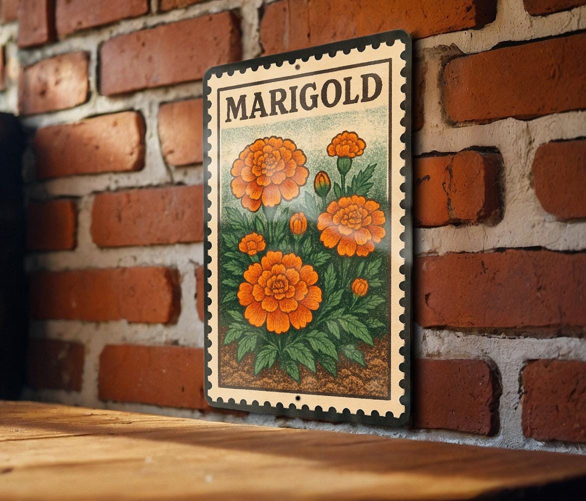 Marigold Bed Stamp Style Metal Sign – Vintage Garden Flower Wall Art ...