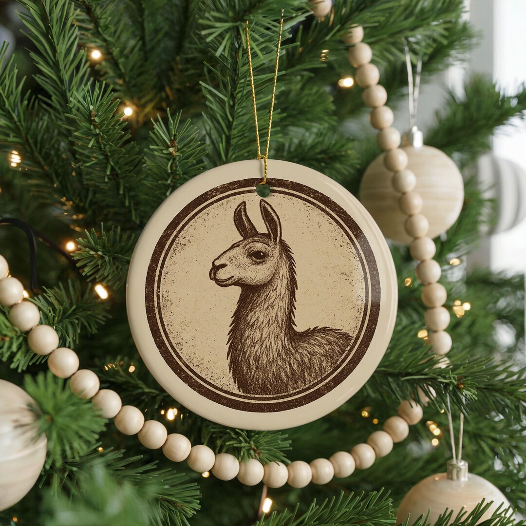 Llama Ceramic Ornament – Round Stamp Style Animal Art, Rustic Boho ...