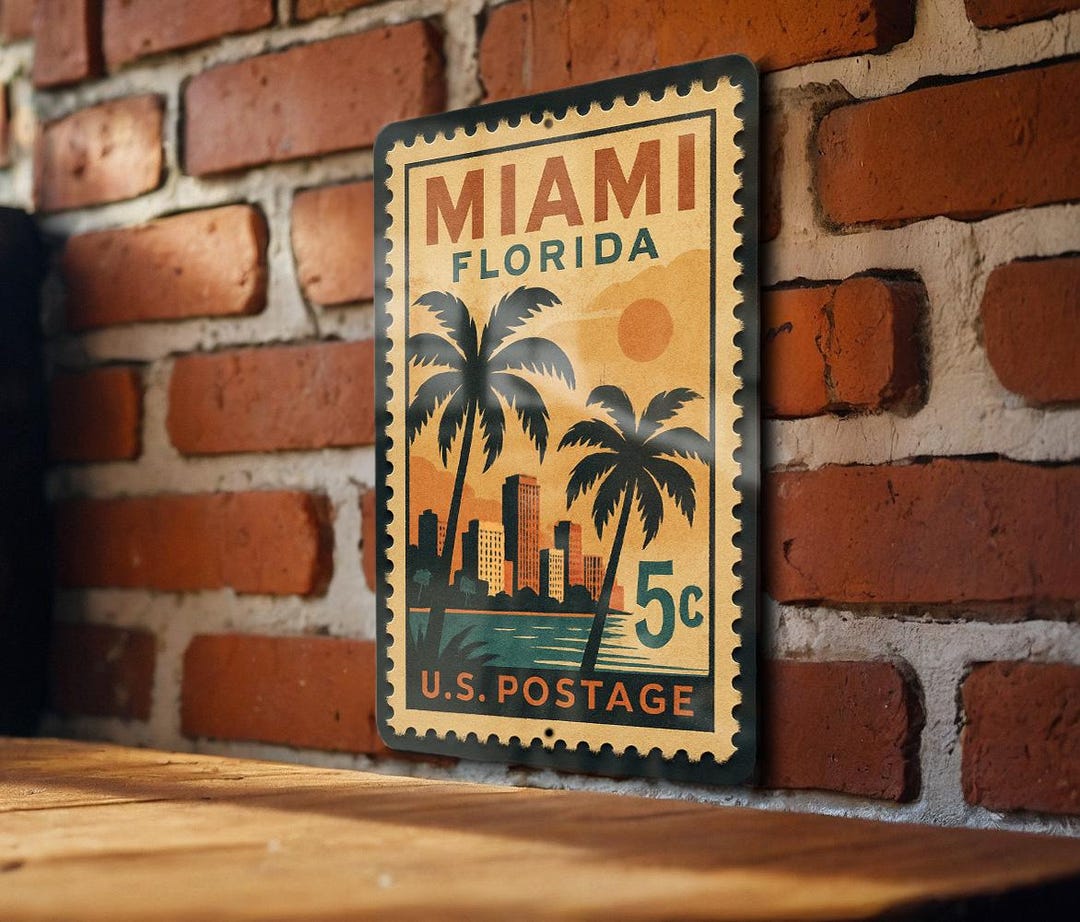 Miami Florida Postage Stamp Metal Sign – Vintage Travel Souvenir ...
